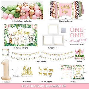 YSHMFEUX Wild One Birthday Decorations Party Supplies for Girl, 1st Birthday Girl Decorations, Jungle Animal 1st Birthday Party Supplies, First Birthday Decorations for Girls