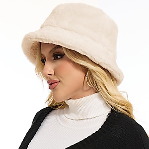 Sydbecs Winter Bucket Hat Fluffy Faux Fur Fisherman Cap for Women Men Solid Color Style(Beige)