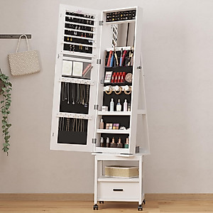 IDEALHOUSE 360° Swivel Jewelry Cabinet with Large Storage Capacity, Rotatable Full Length Mirror with Jewelry Storage, Lockable Floor Standing Jewelry Armoire Organizer with Drawer and Wheels, White