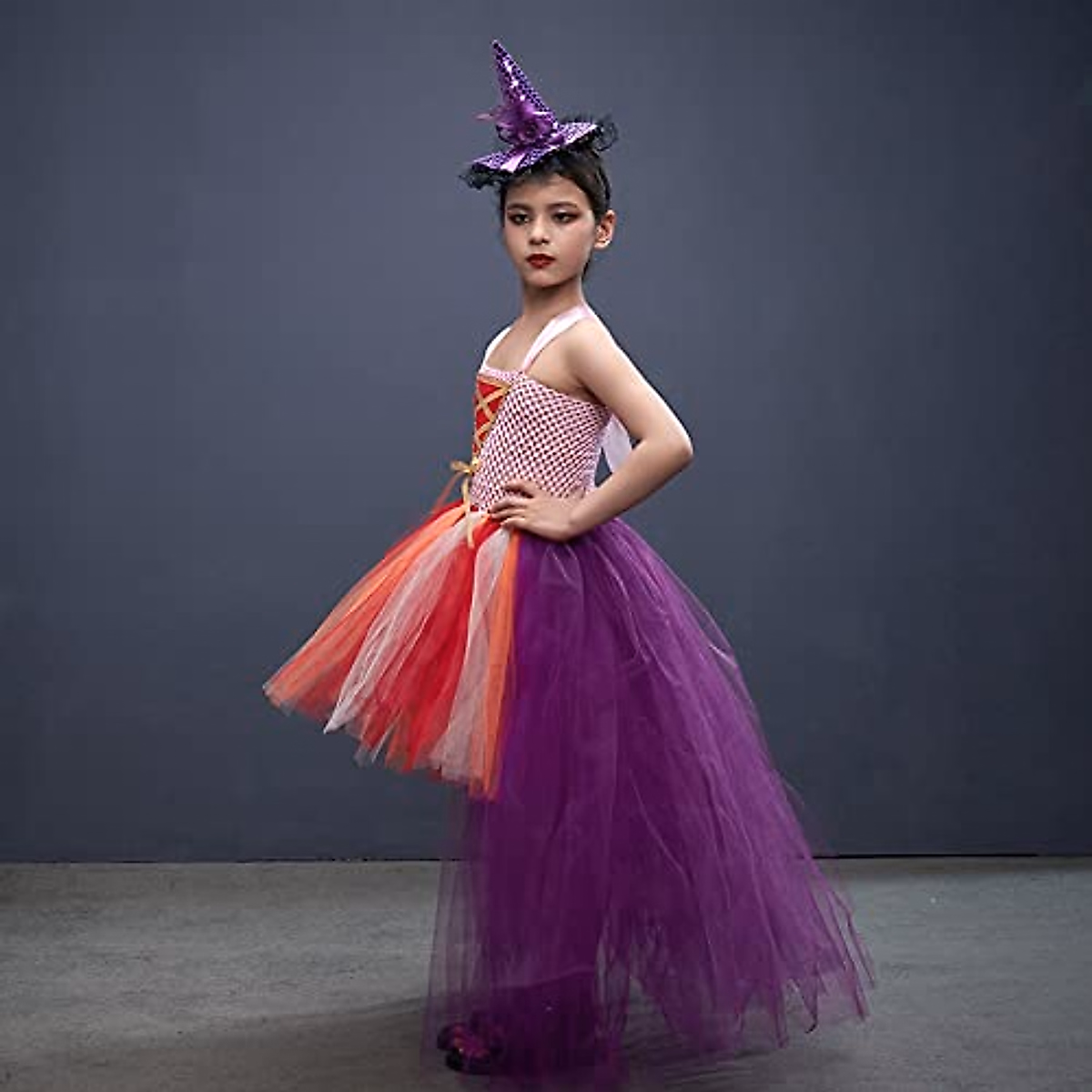 IBAKOM Toddler Halloween Costumes for Girls Wicked Witch Tulle Dress Witch Hat Broom Hood Cloak Carnival Fancy Party Fairytale Spell Caster Wizard Dress Up Teen Girl Witch Dress Pink 4-5 Years