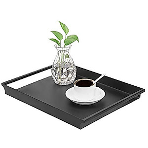 MyGift Decorative Serving Tray - Vintage Style Matte Black Metal Ottoman Coffee Table/Vanity Tray with Sleek Rounded Cutout Handles