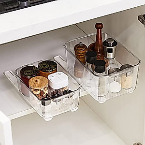 2 Pcs Pull Out Cabinet Organizer Slide out Storage Container No Need Drilling and Nailing Acrylic Drawer Storage Shelves with 4 Pull out Rail for Bathroom Kitchen