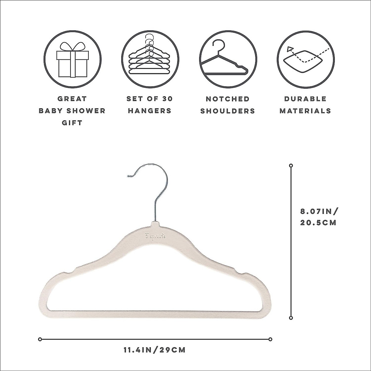 3 Sprouts Velvet Baby Hangers - Non-Slip Hanger for Infant, Toddler, Baby Clothes - Closet Kids Hangers with Slim Design, Nordic Colors, Pack of 30 - Cream