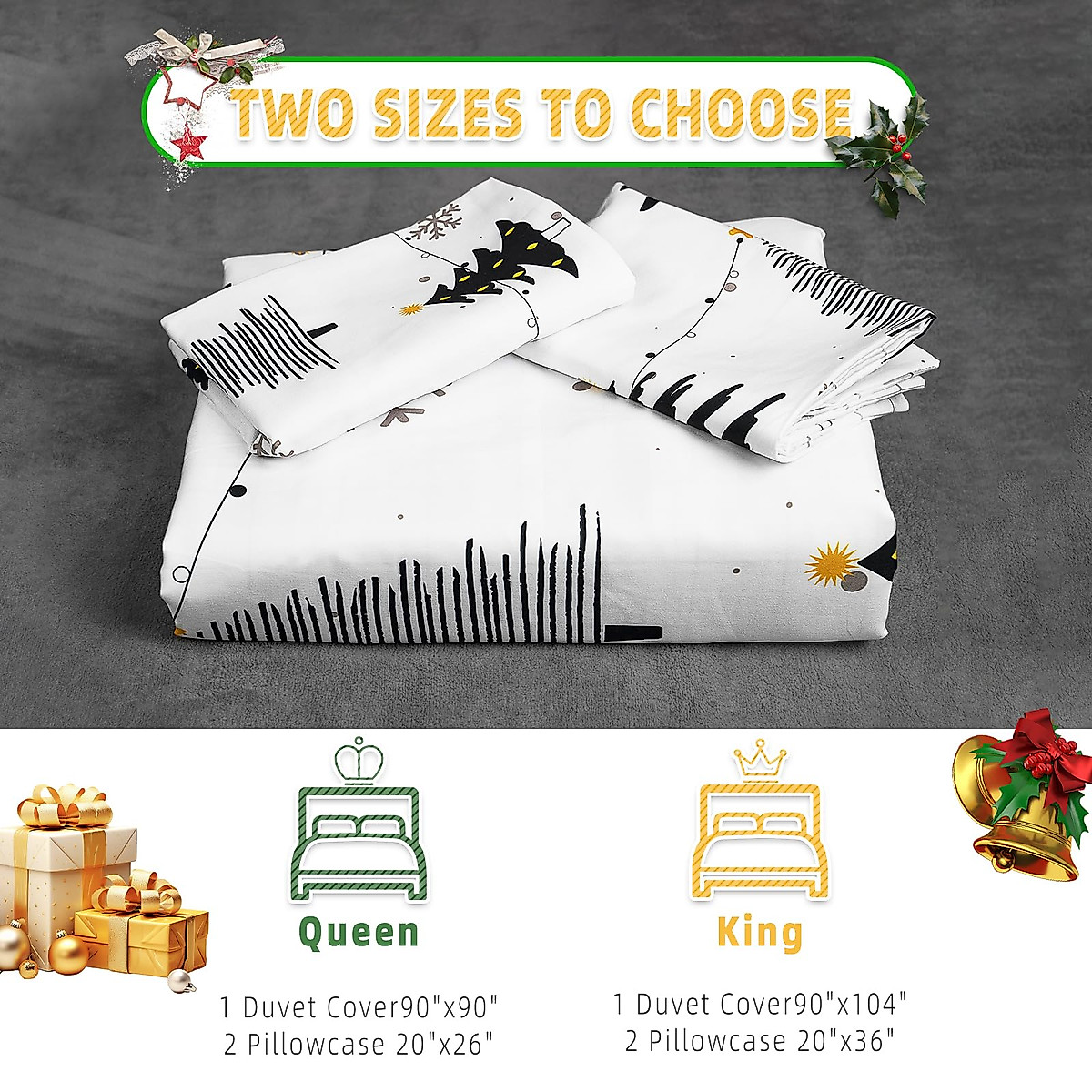 JANSHU 3 Piece Christmas Duvet Cover Queen Size Set, Black Christmas Tree Duvet Cover Set, Christmas Duvet Cover Set with Zipper Closure and Corner Ties, 1 Duvet Cover Queen Size and 2 Pillow Shams.