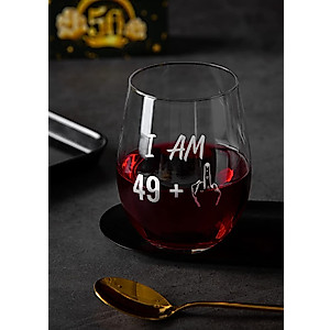 PUGED 50th Birthday Gift Set for Men or Women with Gift Package Vintage 12 oz Whiskey Glass and 49 + One Middle Finger 18 oz Stemless Wine Glass