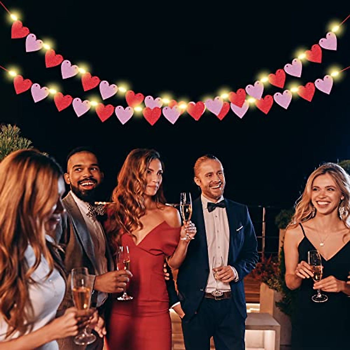 2 Pieces Heart Garland Banner for Valentines Day with Warm Led Lights Decorations Red Pink Heart Felt Banners Garland for Fireplace, Anniversary, Wedding, Engagement Party Home Decor (Style 3)