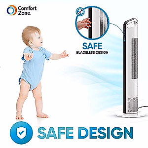 Comfort Zone CZTF421RWT 42" Oscillating Tower fan with Remote Control, Easy-to-Use Touch Screen with LED Display, 3-Speed Settings, 7-Hour Timer, White