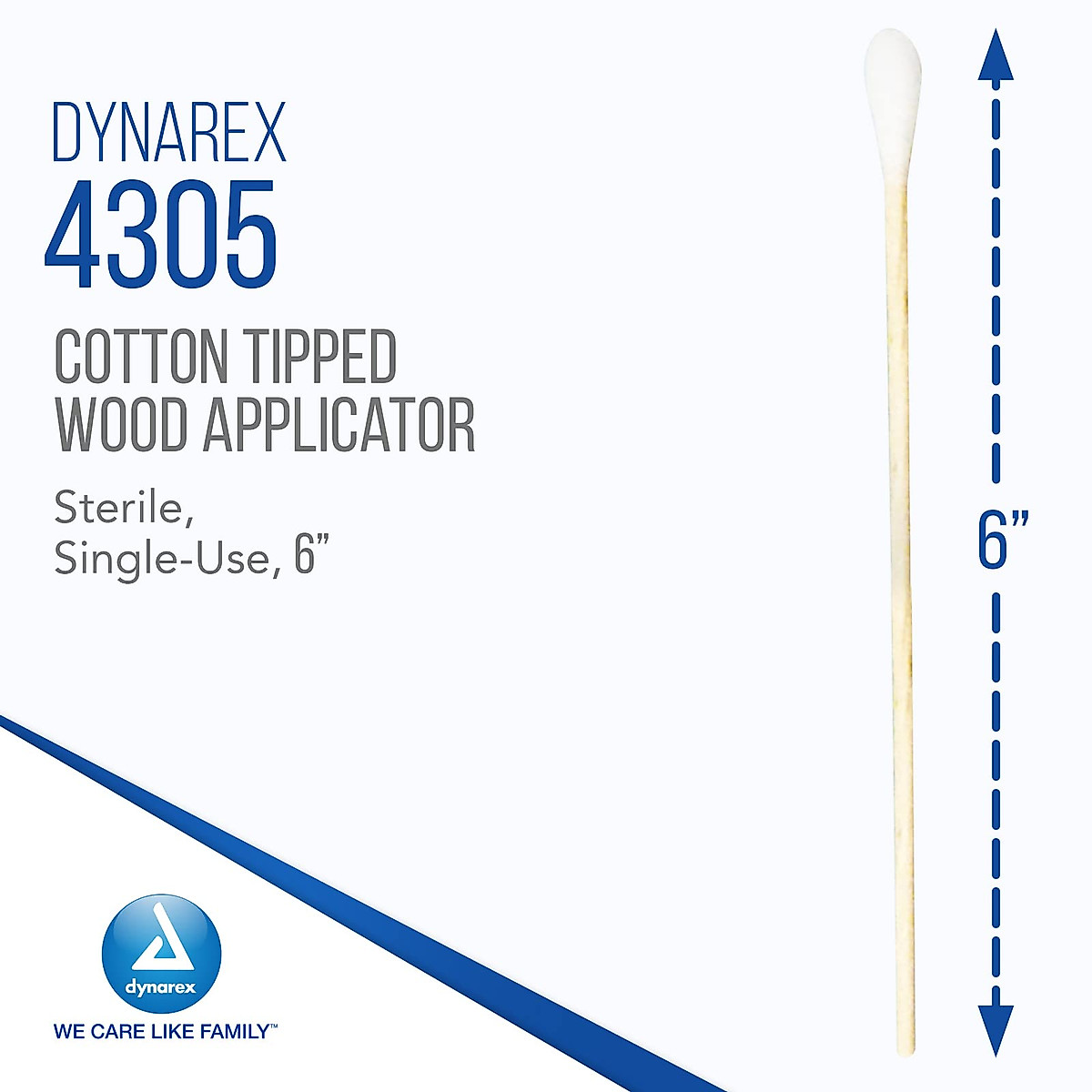 Dynarex 6-Inch Sterile Cotton Tipped Applicators - Single-Use Wooden Cotton Tip Applicators for Wound Care & Dressing, Hygiene, Make Up, Cleaning Tools, Jewelry - 1 Box of 100 Pouches, 2 per Pouch