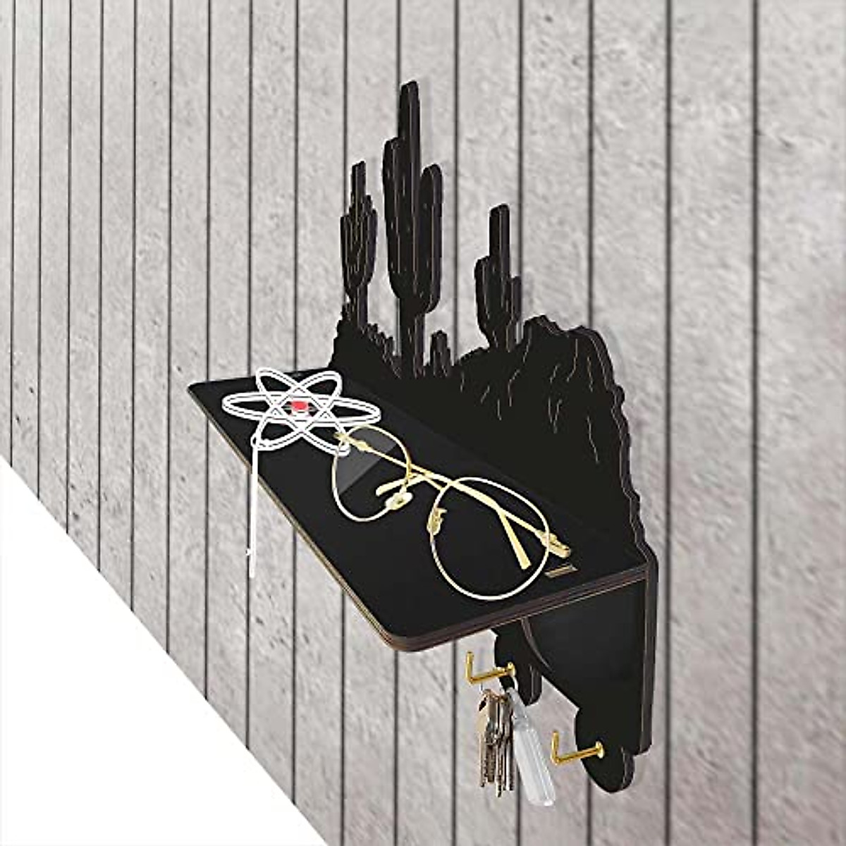 The Geeky Days Cliffs Cactus Key Holder for Wall, Desert Plant Wooden Wall Mounted Hat Coat Rack with Mail Medal Organizer Shelf, 5 Metal Hooks Hanger, for Closet Door Hanging Rustic Home Decor