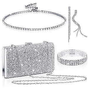 Kigeli 4 Pieces Women Rhinestone Evening Clutch Bag Rhinestone Ear Clip Bridal Wedding Choker Bracelet Dangle Bling Glitter Purse (Silver)