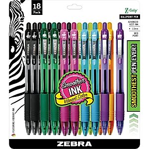 Zebra Pen Z-Grip Retractable Ballpoint Pen, Medium Point, 1.0mm, Assorted Fashion Colors - 18 Pieces