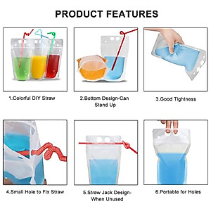 100PCS Drink Pouches with 100 Drink Straws, Reusable Smoothie Bags Juice Pouches, Heavy Duty Hand-Held Translucent Reclosable Zipper Plastic Ice Drink Pouches for Adults and Kids