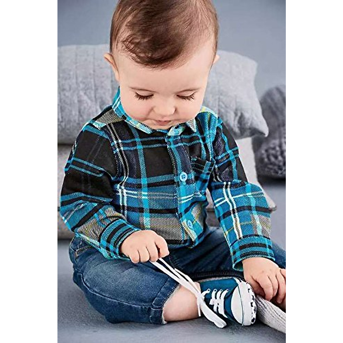 Kimocat Casual Suit for Toddler Boy 2Pcs Long Sleeve Plaid Shirtand Jeans Outfits