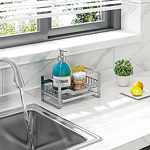 Utobao Kitchen Sink Caddy Sponge Holder, Kitchen Caddy 304 Stainless Steel Soap Holder for Kitchen Sink, Kitchen Sink Organizer Countertop with Removable Drain Tray-Silver