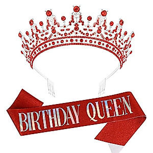 SuPoo Birthday Crown & Sash Glitter Birthday Sash Red Birthday Queen Crown with Comb Birthday Tiara for Women Crystal Headband Princess Decorations Gift Party Favor Happy Birthday Decorations