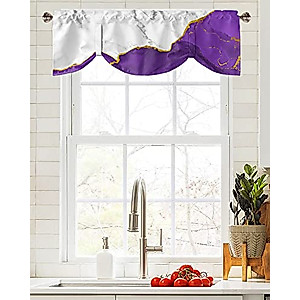 Tie Up Valance 18 Inches Long Wild Marble Pattern Gold Purple White Ombre Adjustable Top Shade Valance for Kitchen Window Treatments Rod Pocket Short Valances for Living Room Kids Room 60x18" 1 Panel