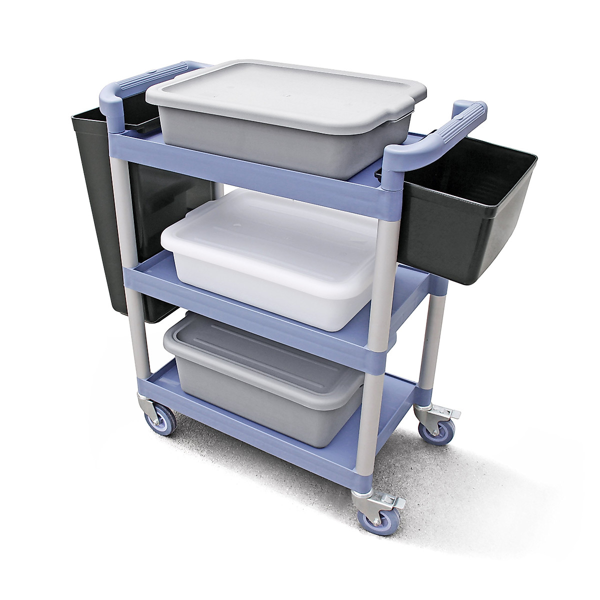 New Star Foodservice 54569 350-Pound Plastic 3-Tier Utility Bus Cart with Locking Casters, 42.5 "x19.5" x 38.5", Gray
