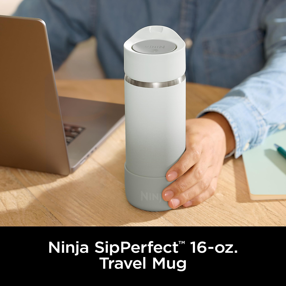 Ninja, Travel Mug, Sip Perfect 16oz, Brings Hot Drinks to Sippable Temperature in Minutes, Stainless Steel, Leak Proof, Dishwasher Safe, Metal Insulated Tumbler, White, DW1603WH