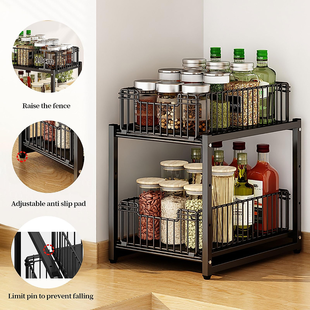 SILUB Under Sink Organizer, 2-Tier Pull Out Cabinet Organizer, Kitchen Bathroom Organizer and Storage, Spice Rack for Kitchen, Multi-use Sliding Drawers Shelves (1 Pack)