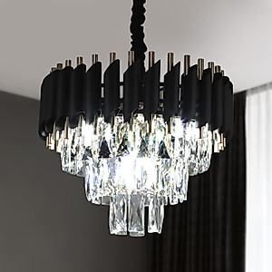 A AXILIXI Modern Crystal Chandeliers 3 Tiers Black and gold Pendant Light Fixtures 16” Round Flush Mount Chandeliers Ceiling lighting Dimmable for Living Room Dining Room Foyer Bedroom Kitchen