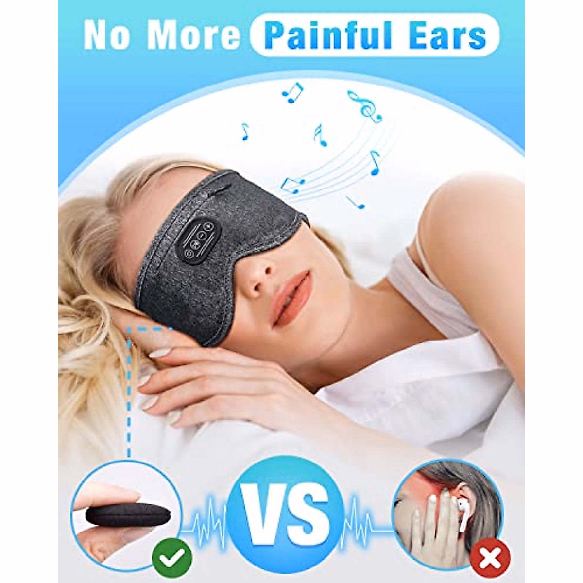 Sleep Headphones Bluetooth Sleeping Headband: 10Hrs Wireless Music Eye Mask with Soft Cozy Earbuds Comfortable Earphones for Side Sleepers (Small Size(C: 20"-22"))