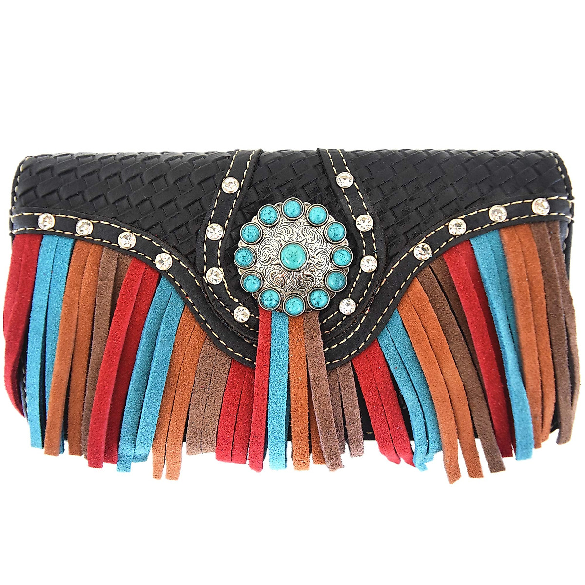 Western Style Fringe Conchos Gem Rhinestone Studded Braided Leather Purse Country Handbag Women Shoulder Bag Wallet Set (Red Set)