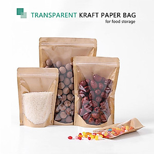HIBCIGA 50pcs Kraft Bags With Window Clear Fornt Pouches Resealable Stand Up Zip Lock Food Storage Bags Brown 4.7"x7.8"