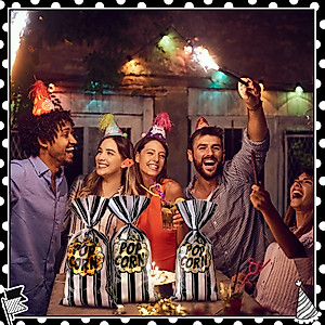 Ninehaoou 200 Pcs Movie Night Popcorn Bags for Party Carnival Popcorn Bags Movie Theme Party Decorations Black White Stripe Cookie Snack Bags with 200 Black Twist Ties for Movie Party Favors