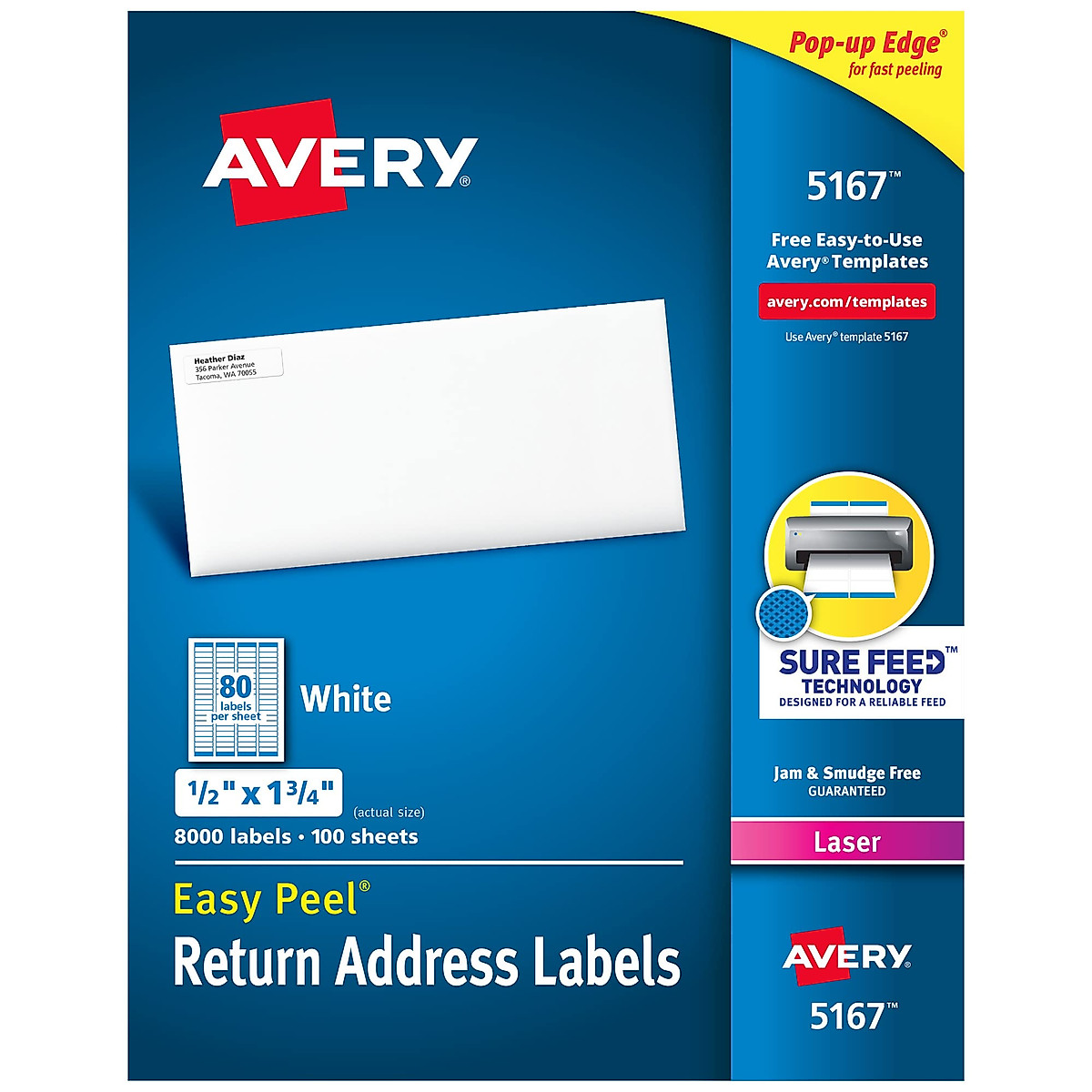 Avery Address Labels with Sure Feed for Laser Printers, 0.5" x 1.75", 8,000 Labels, Permanent Adhesive (5167)