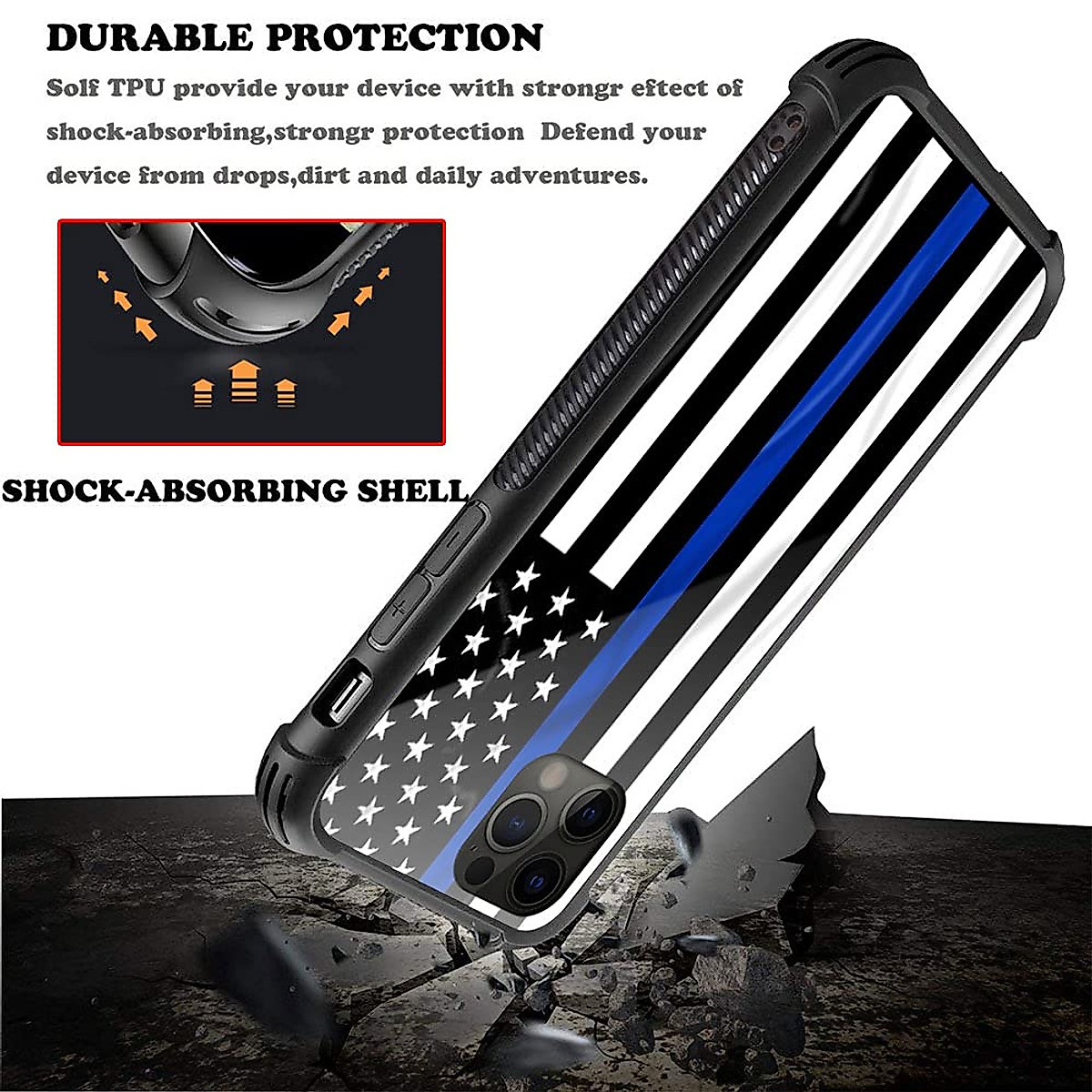 ZHEGAILIAN Case for iPhone 13 Mini - American Flag Blue Line, Tempered Glass Back & Soft Silicone TPU Shock Protective Case