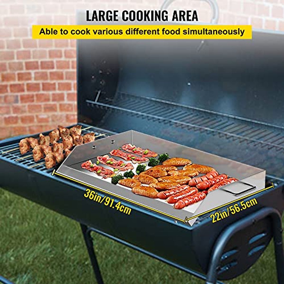 VEVOR Stainless Steel Griddle,36" x 22" Universal Flat Top Rectangular Plate, BBQ Charcoal/Gas Non-Stick Grill with 2 Handles and Grease Groove with Hole，Grills for Camping, Tailgating and Parties