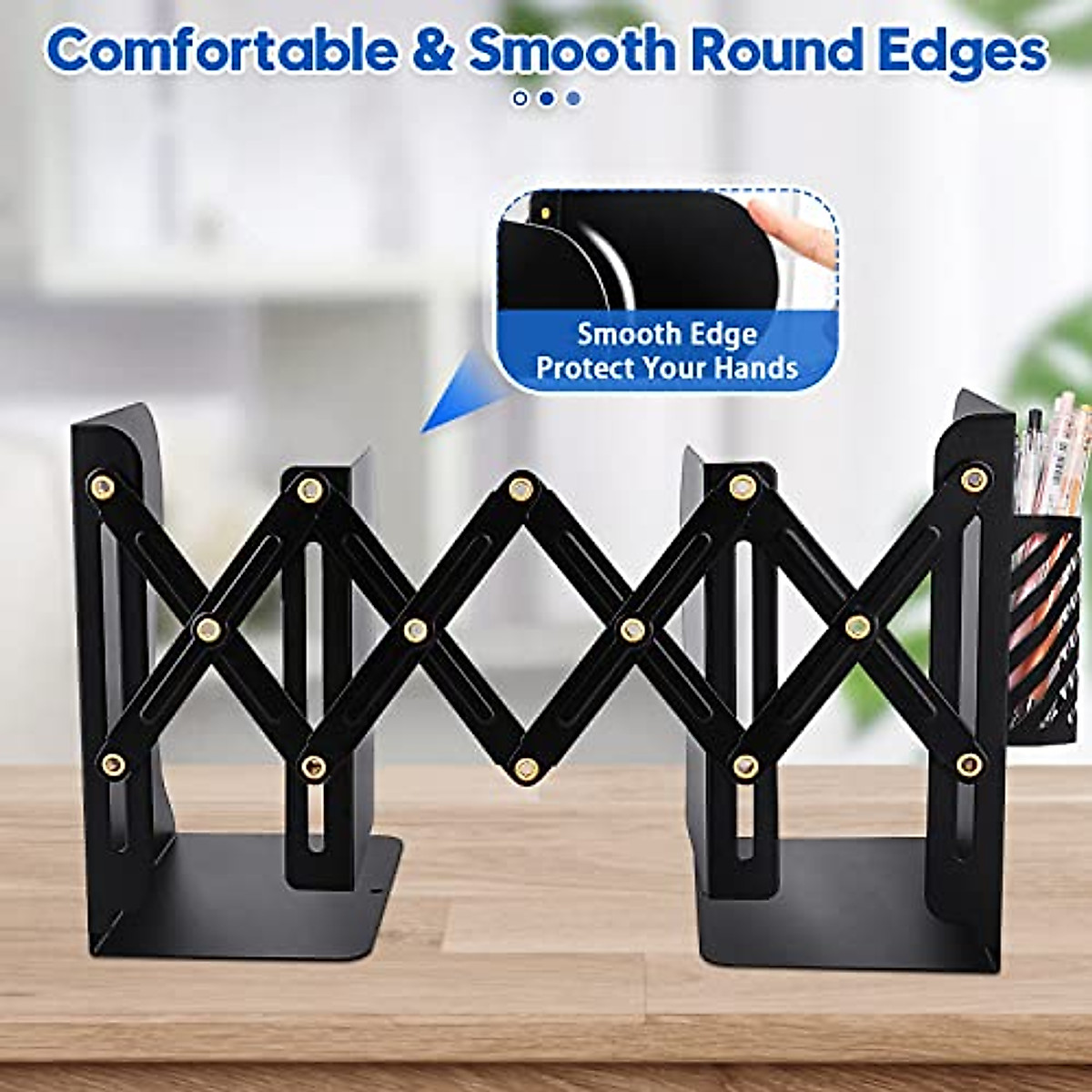 Heavy Duty Book End to Hold Books + Detachable Pen Holder, Adjustable Bookends Book Holder for Shelves, Decorative Book Organizer for Desk, Sturdy Metal Book Ends Binder Holder for Tabletop