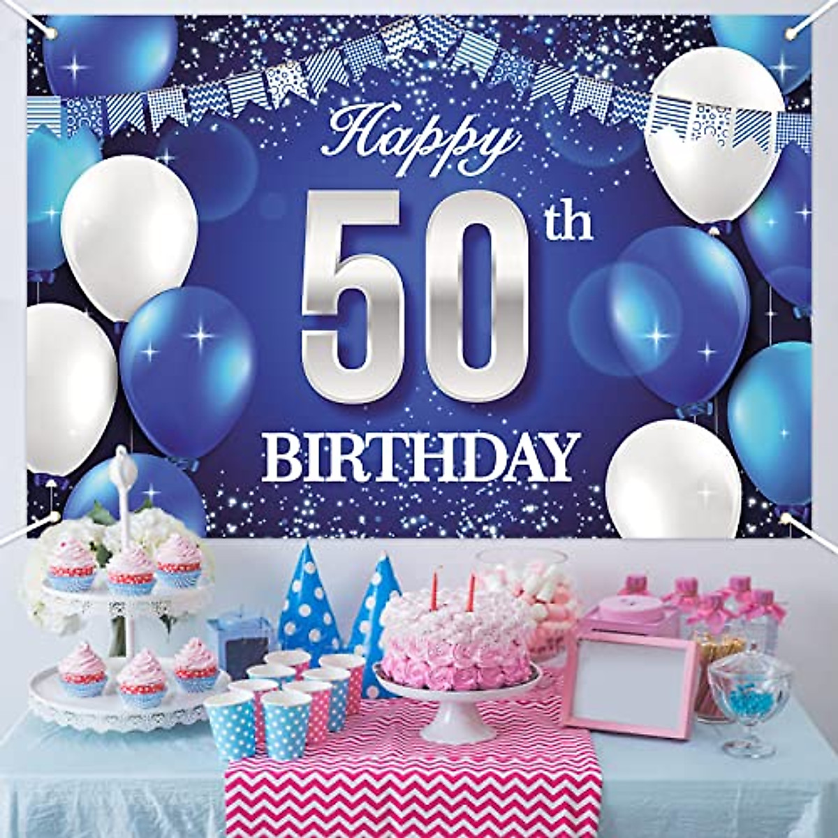 4 x 6ft Happy 50th Birthday Party Decorations Banner Blue and Silver - Cheers to 50 Years Anniversary Photo Booth Backdrop party Supplies for Girls and Boys