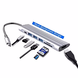 Quawins USB 3.0 C Hub Multiport Adapter,7 in 1 Aluminum Wave Design Heat Dissipation with 4K HDMI Output, 3 USB 3.0 Ports, SD/Micro SD Card Reader Compatible for MacBook Pro, XPS More Type C Devices