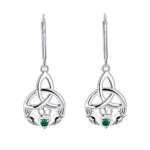 JO WISDOM Women Claddagh Earrings,925 Sterling Silver Irish Celtic Claddagh Love Heart Drop & Dangle Leverback Earrings with Green Emerald