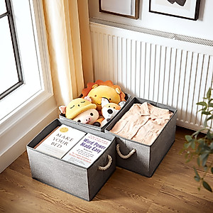 SONGMICS Fabric Storage Boxes, Set of 3 Storage Cubes, Foldable Baskets with Handles, 15.7 x 11.8 x 9.8 Inches, Toy Storage, Linen Pattern, Gray URFB013G01