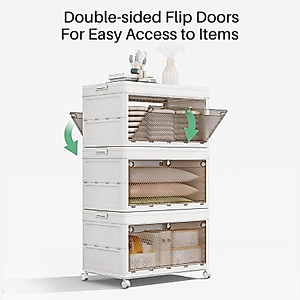 Kitstorack 228QT Large Plastic Stackable Storage Bins with Lids, Collapsible Storage Bins with Wheels and Doors for Home Storage Closet Organizers and Storage, PP