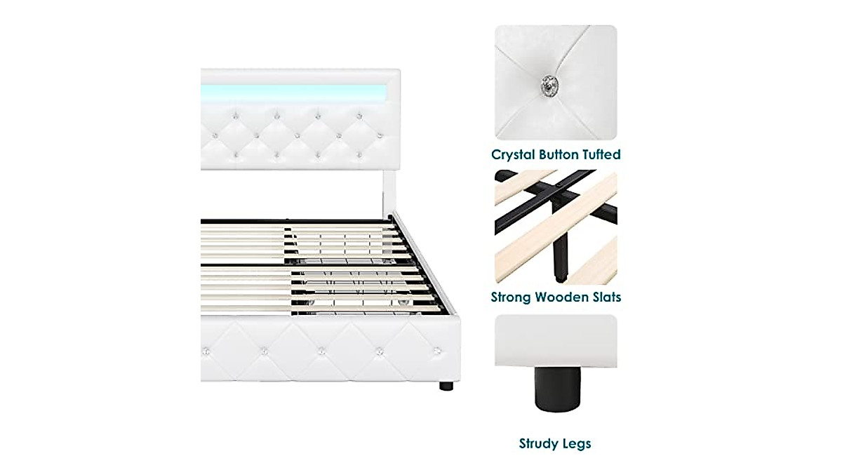 Keyluv Full Size Upholstered LED Bed Frame with Storage & Headboard