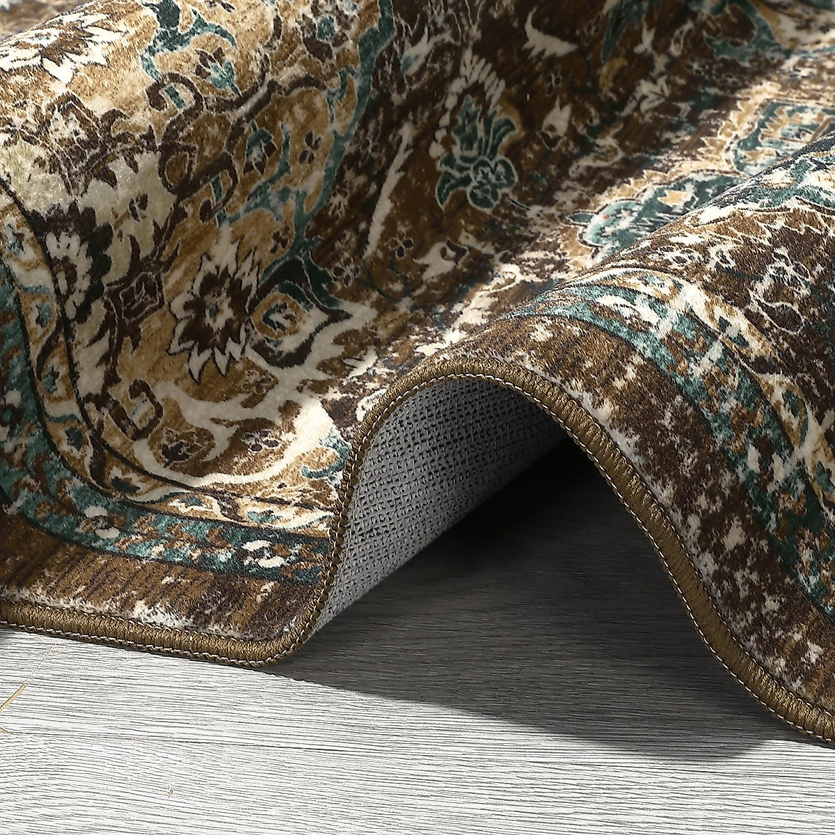 LUXLOOM Washable Rugs 9x12 Rug for Bedroom Vintage Living Room Rugs Bohemian Medallion Rug Boho Large Area Rug Non Slip Throw Rugs Stain Resistant Carpet for Office Dining Room 9'x12' Brown/Green