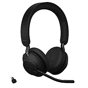 Jabra Evolve2 65 UC Wireless Headphones with Link380c, Stereo, Black – Wireless Bluetooth Headset for Calls and Music, 37 Hours of Battery Life, Passive Noise Cancelling Headphones (Renewed)