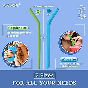 Walfos Reusable Silicone Straws - 2 Size Flexible Drinking Bendy Straws for Smoothies/20 & 30 oz Tumblers, Yeti/Rtic, BPA Free (4 Wide Straws + 4 Regular Straws + 2 Cleaning Brushes + 1 Storage Pouch）