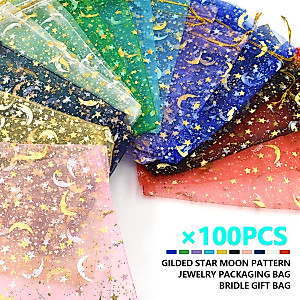 Renashed 100Pcs Moon Stars Sheer Organza Bags with Drawstring 10 Colors, Wedding Favor Bags Jewelry Gift Bags for Wedding Party Valentine's Day, Festival Organza Bags (5 * 7inch/ 13 * 18cm)
