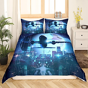 Aircraft Comforter Cover Airplane Print Bedding Set Cityscape Duvet Cover for Children Kids Boys Girls Helicopter Flying Plane Bedspread Cover Modern City Building Decor 3Pcs Bedclothes Queen Size