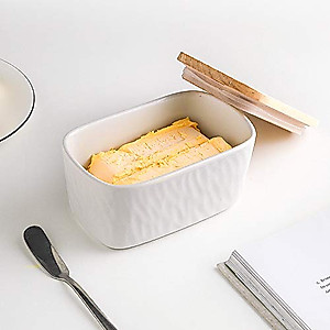KOOV Porcelain Large Butter Dish with Lid for Countertop, Airtight Butter Container with Oak Lid, Butter Crock, Perfect for 2 Sticks of Butter, Texture Series (White)
