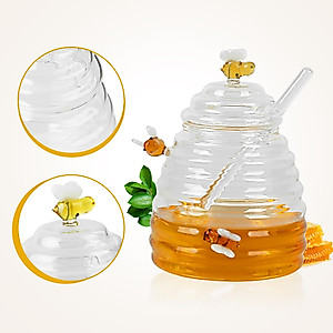 zhqinger Honey Jar with Dipper and Lid Glass Jars with Cute Little Bee Large Glass Jar Honey Syrup Container for Kitchen Coffee Bar Baking
