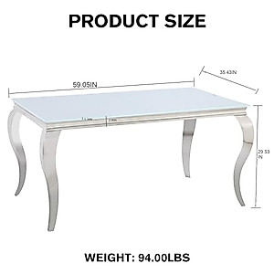 Nicemoods Modern Style Dining Table with Contemporary Tempered Contemporary White Glass Top S-Shaped Pedestal,Kitchen Table with Silver Stainless Steel Pedestal Base 59" Lx35.4 Wx29.5 H, Silver