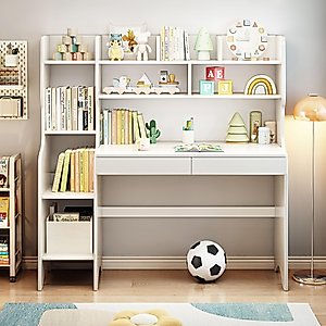 BALANBO Kids Desk Kids Table with Drawers and Bookshelf Wooden Kids Media Desk Student Learning Computer Workstation and Writing Desk (White)