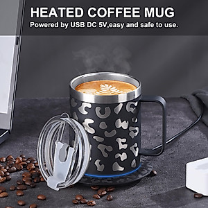 Self-Heating Coffee Mug,12oz Heated Mug,Powered by USB DC-5V,10W,131℉ Beverage Coffee Cup Warmer with Mug for Desk,Coffee Gifts (Rose & Leopard Print)