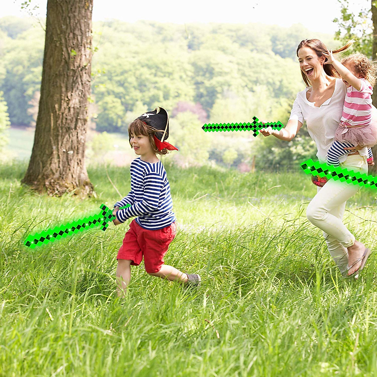 Hunson Pack of 2 Color Led Flashing & Sound Light Up Classic Diamond Pixel 8 Bit Toy Swords, Green, 24 Inches