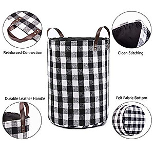 Collapsible Round Storage Basket with Leather Handles, Woolen Fabric Easter Eggs Basket Home Decorative Organizer, Medium, Black White Grey Grids